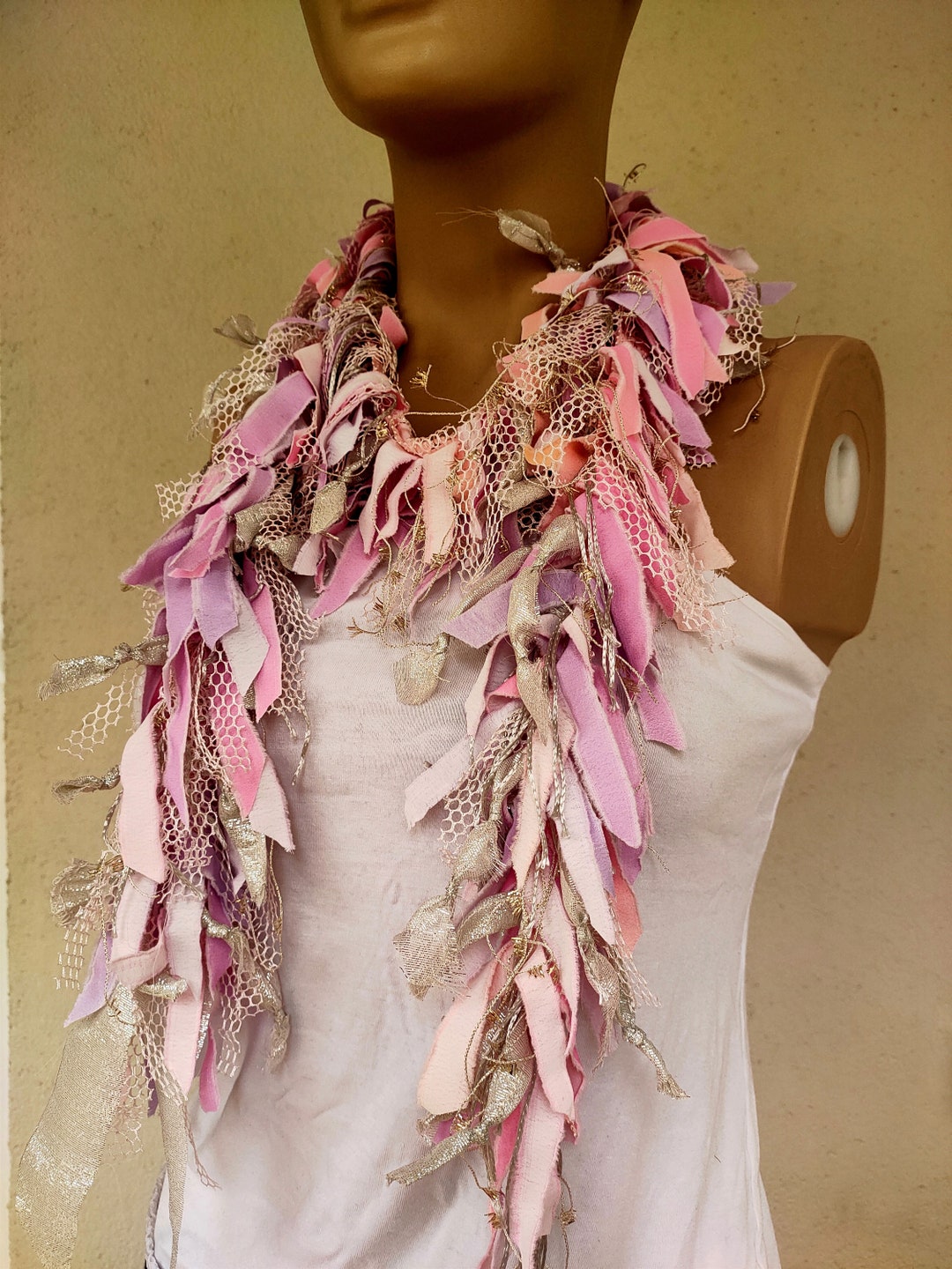Die Frayed Pink Fringe Upcycled Necklace Scruffy Torn Fabric Jewelry ...