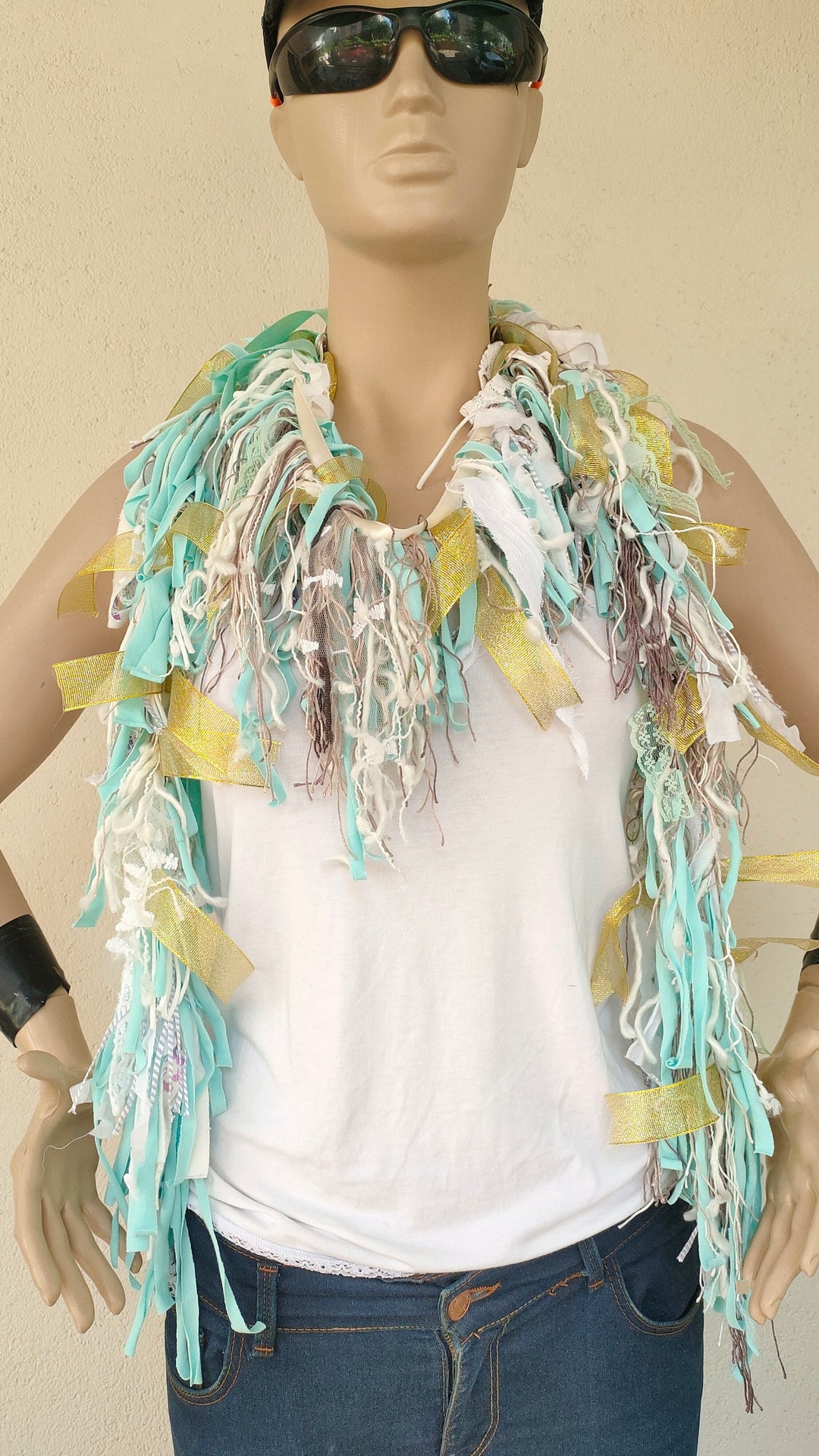 Die Frayed Turquoise Fringe Upcycled Necklace Scruffy Torn Fabric ...