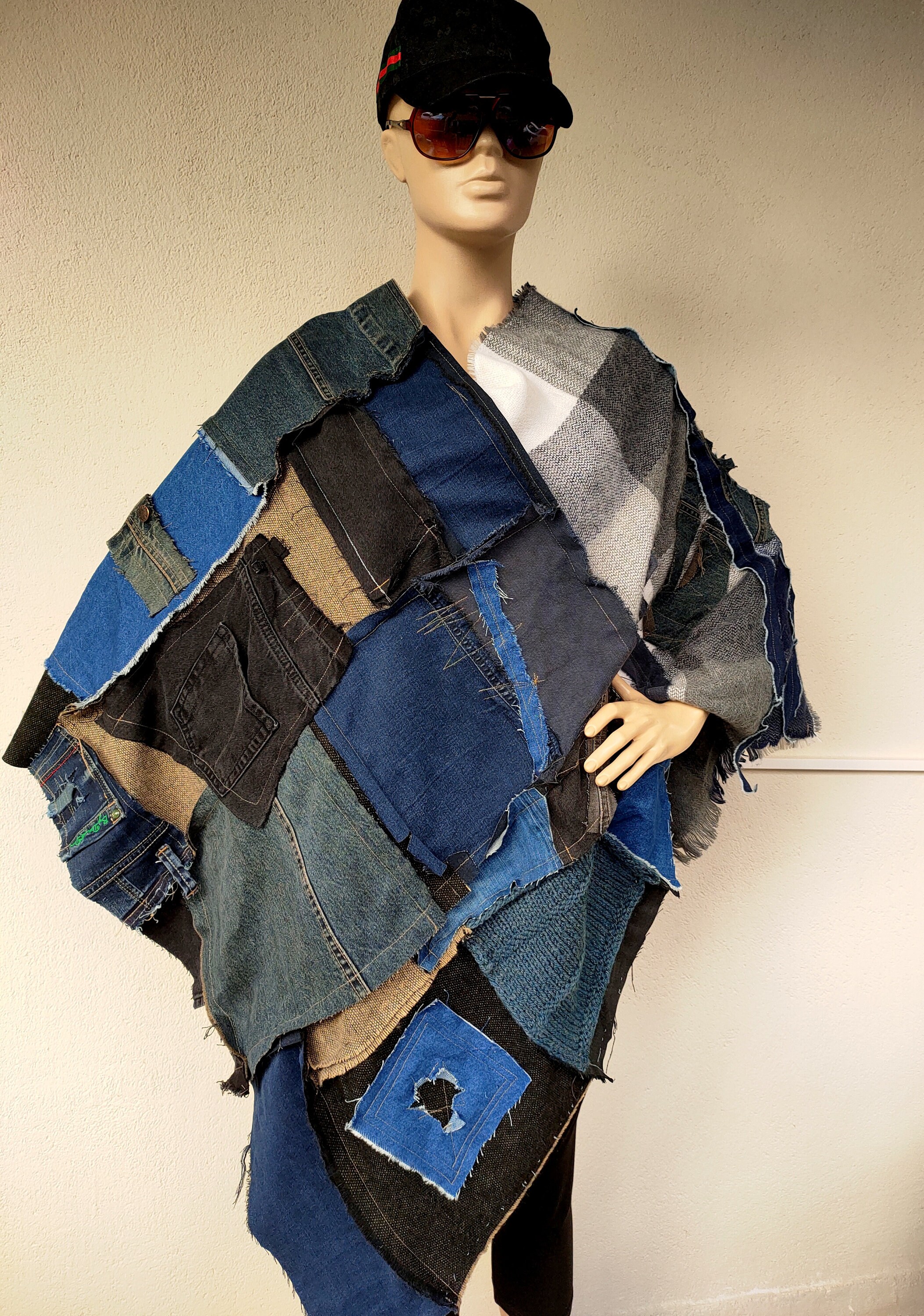 Upcycled Denim Patchwork Poncho Knitted Patchwork - Etsy