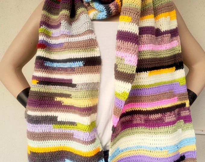 Colorful Crochet Stripped Hippie Scarf Extra Long Boho Scarf Gift Scarf ...