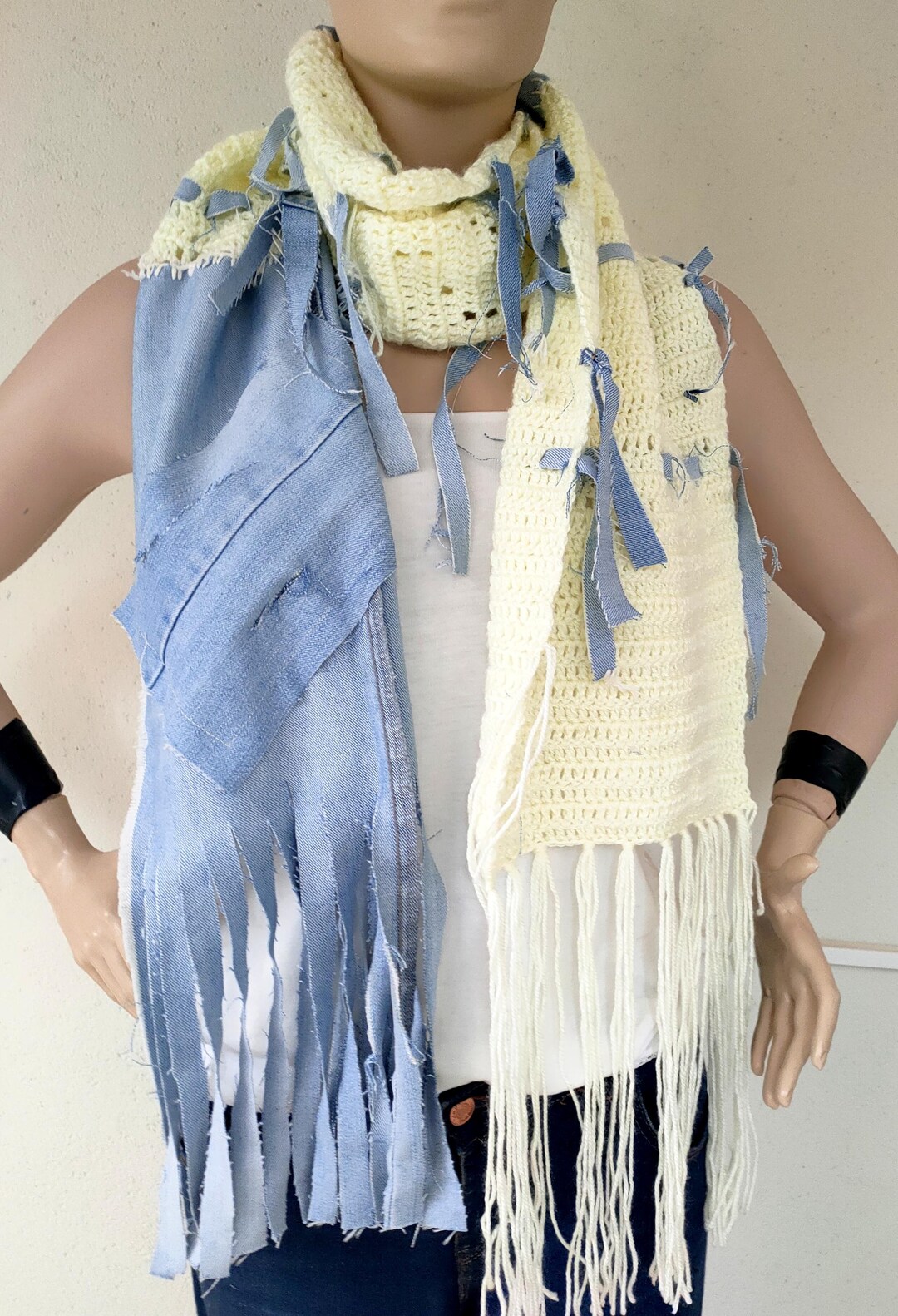 Die Frayed Jeans Denim Crochet Scarf Necklace Scruffy Torn Jeans Fabric ...