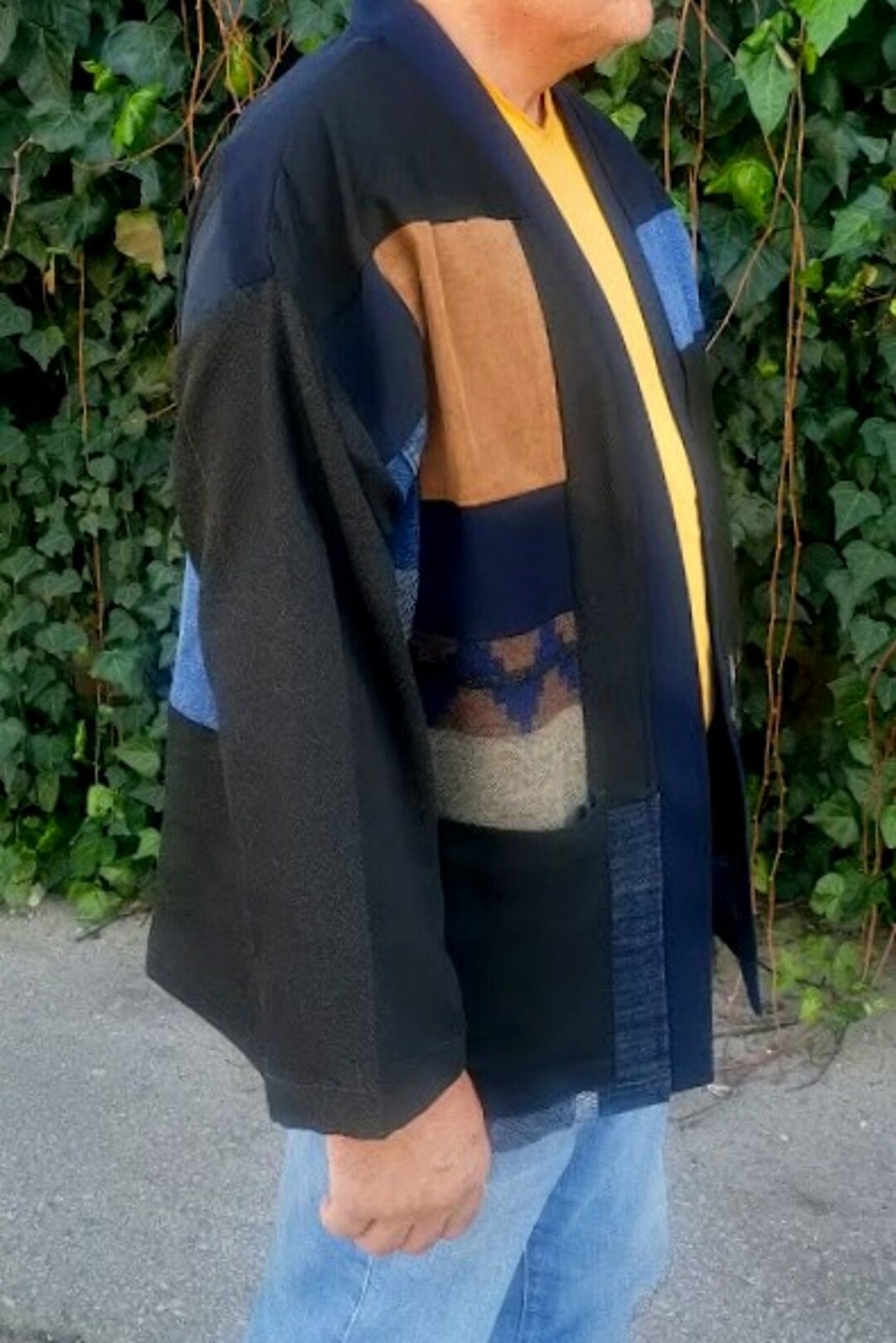 Cotton Haori Kimono Cardigan Modern Patchwork Noragi Men's Japanese ...