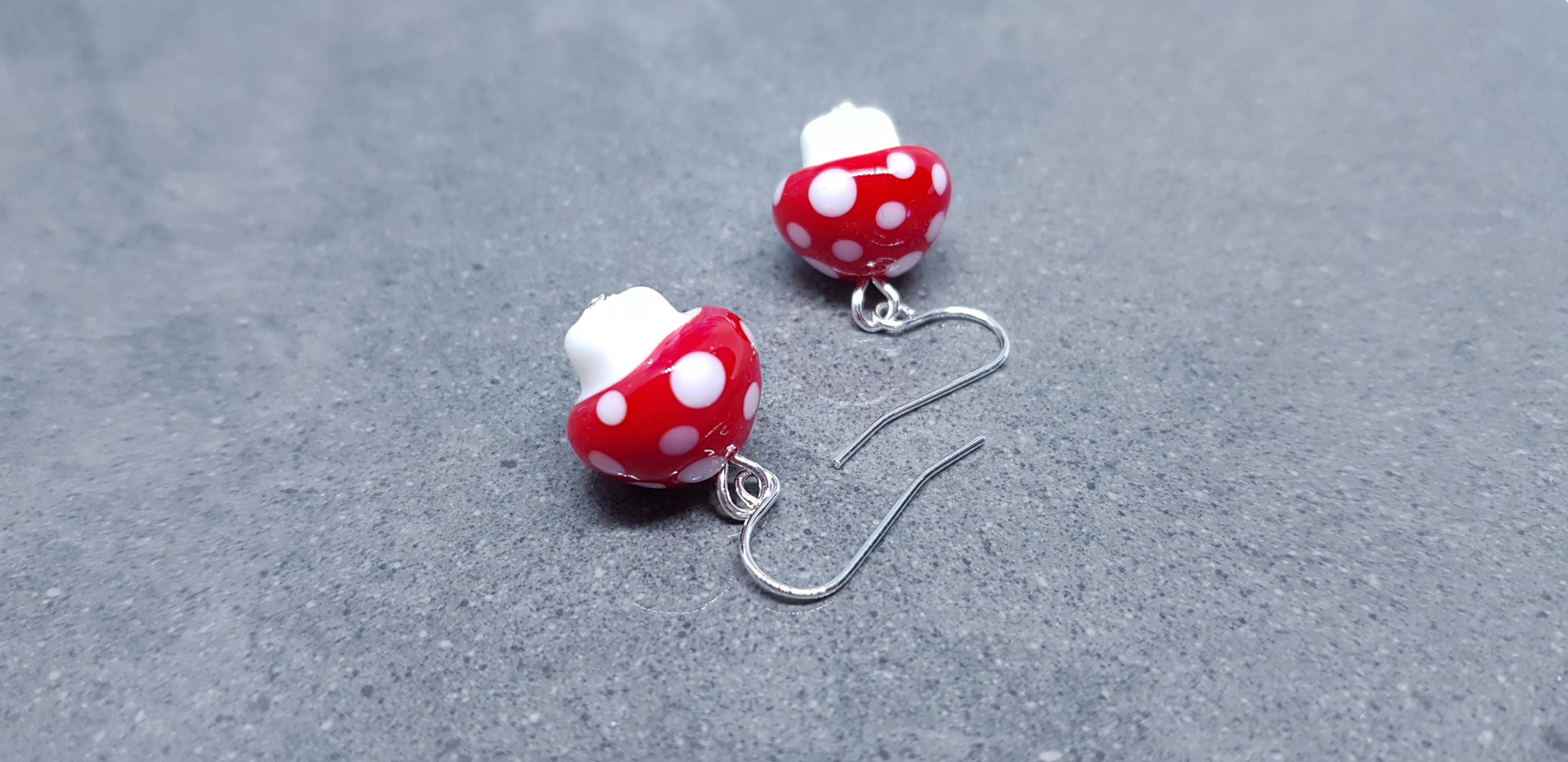 Glass Mushroom Earrings, Hypoallergenic Ear Wires, Toad Stool Earrings ...
