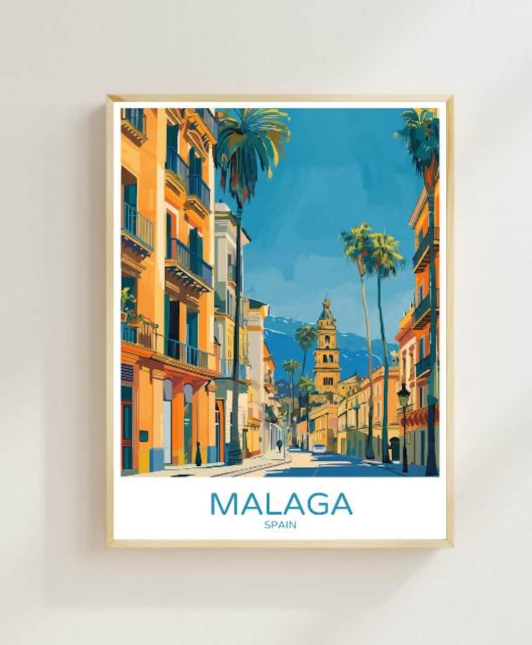 Malaga Spain Travel Poster Vibrant Wall Art of Mediterranean Coastline ...