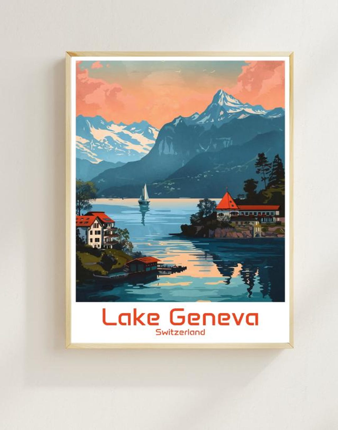 Lake Geneva Switzerland Travel Poster Serene Lake Wall Art With Alpine ...