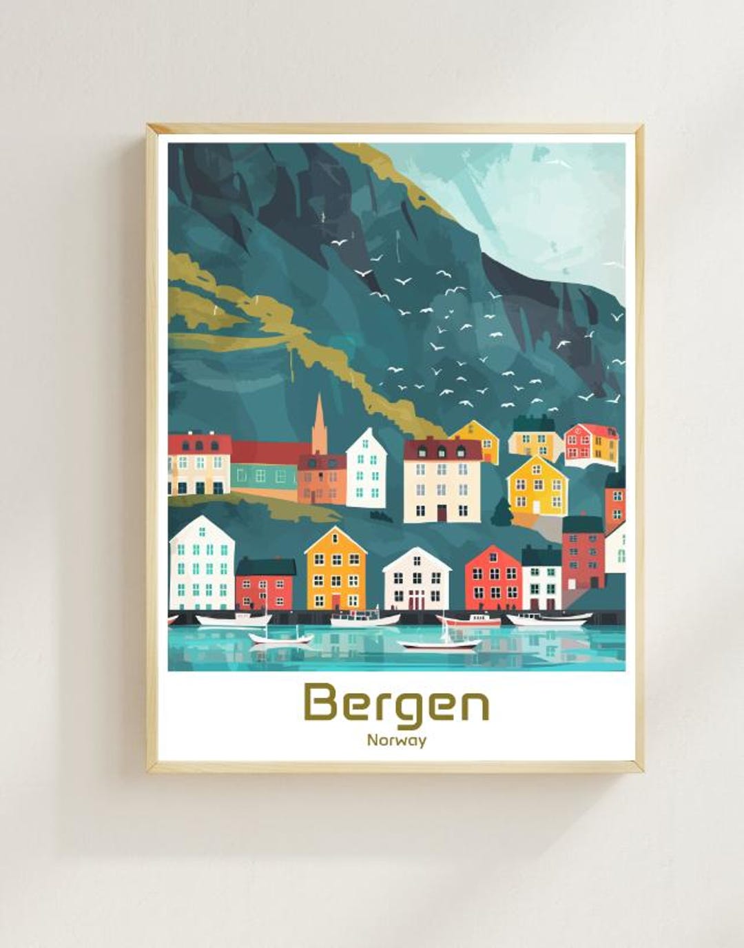 Bergen Travel Poster Norway Cityscape Wall Art, Scenic Harbor Print ...