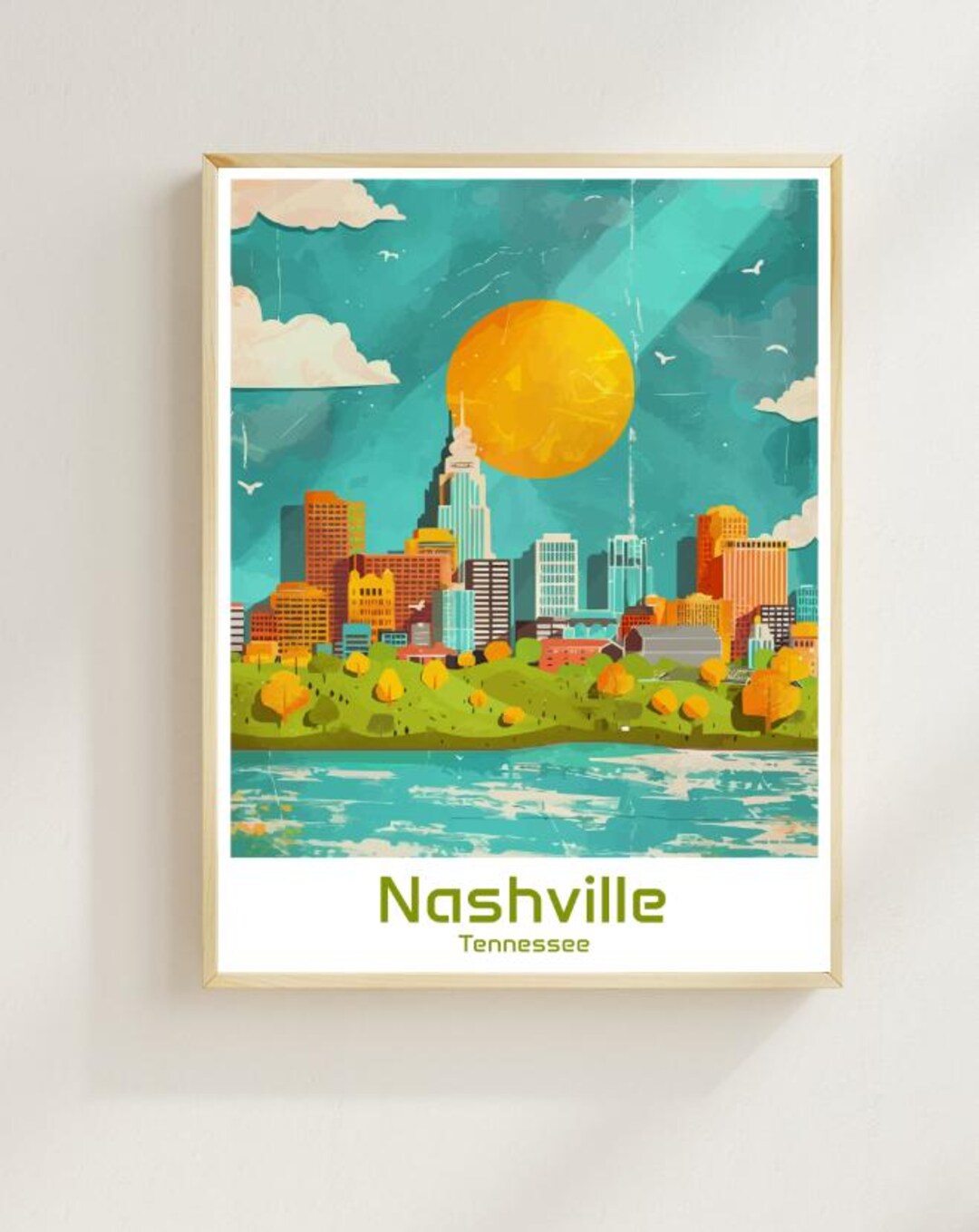 Nashville Travel Poster Music City Skyline Wall Art, Scenic Cityscape ...