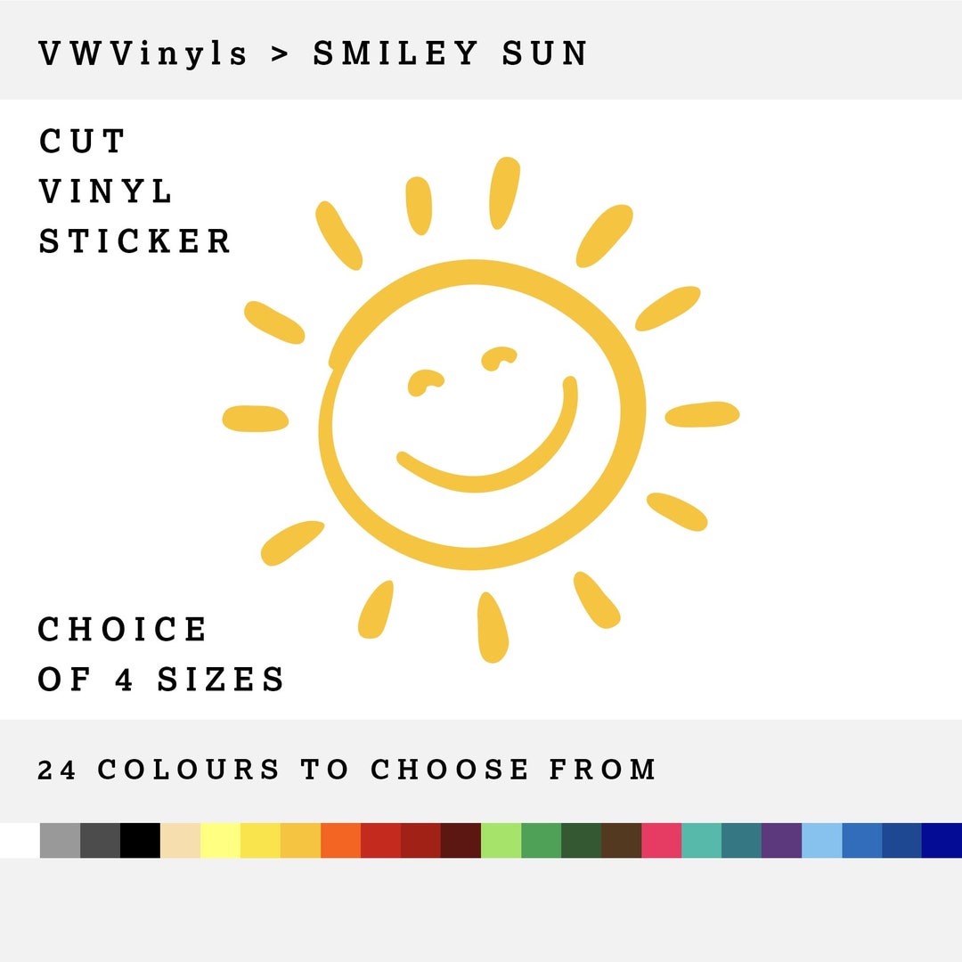 Smiley Sun | Cartoon Style | 1 Colour Cut Vinyl Sticker | Choice of 4 ...
