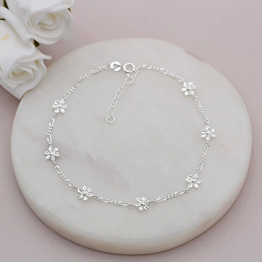 925 Sterling Silver Flower Anklet for Girls, Minimal Silver Anklet ...