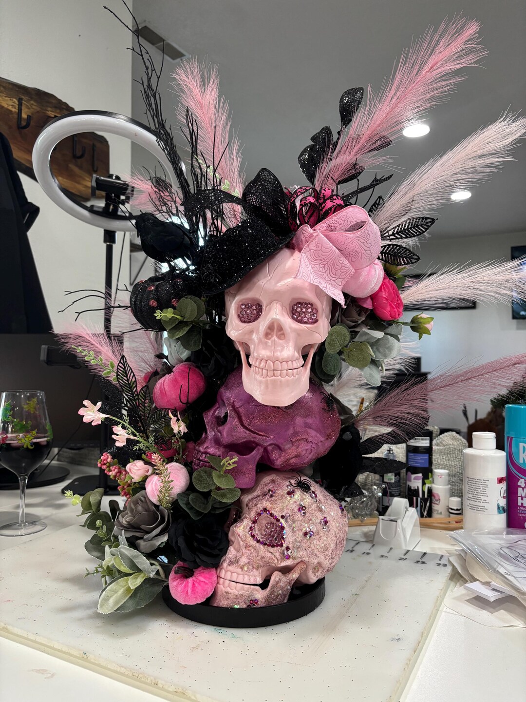 Glam Reaper Skull Tower: Pink Gothic Halloween Decor - Etsy