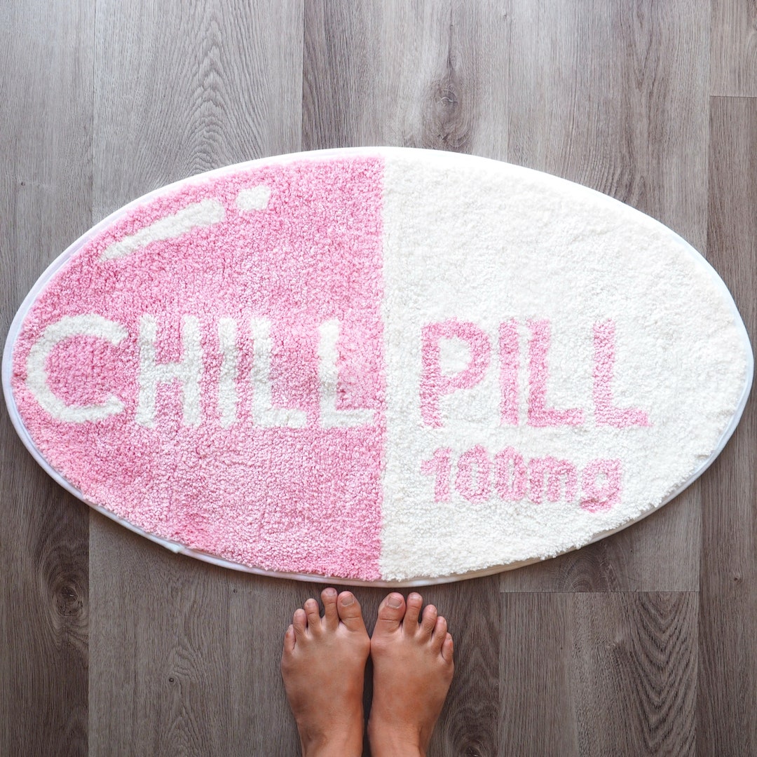 Pink Chill Pill Rug Funny Bath Mat Cute Bathroom Decor Shower Rugs ...