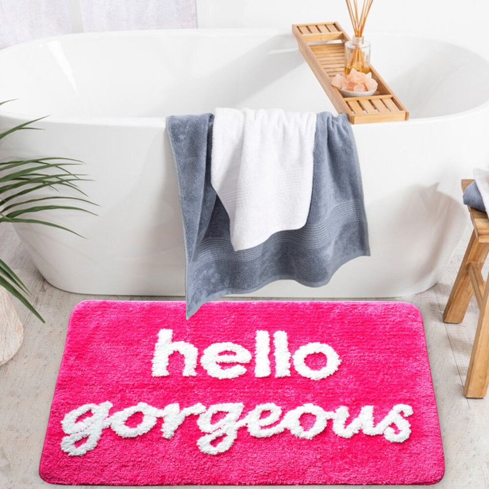 Hello Gorgeous Bath Mat Hot Pink Peach Coral Magenta Beautiful Cute ...