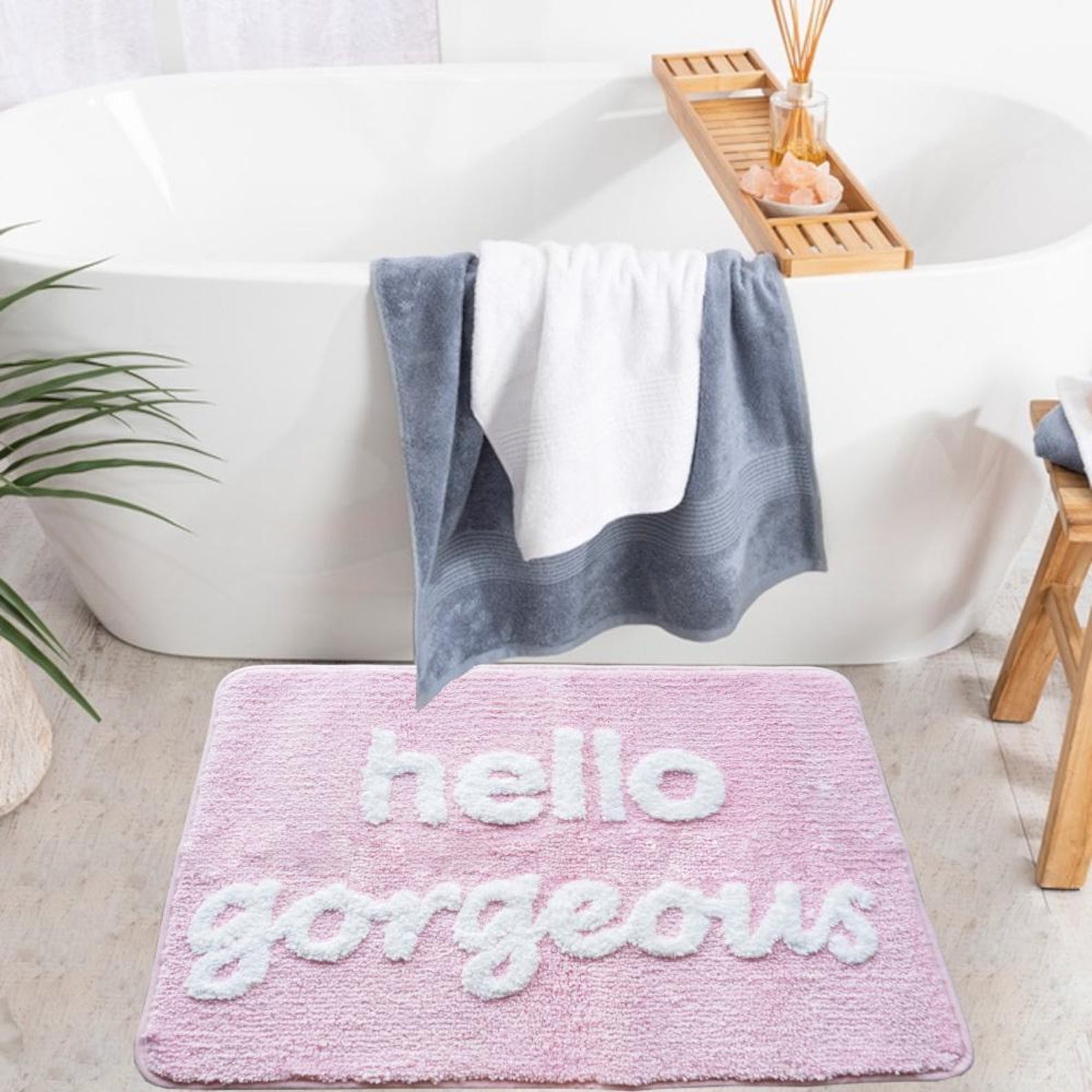 Hello Gorgeous Bath Mat Light Pink Peach Coral Beautiful Cute Bathroom ...