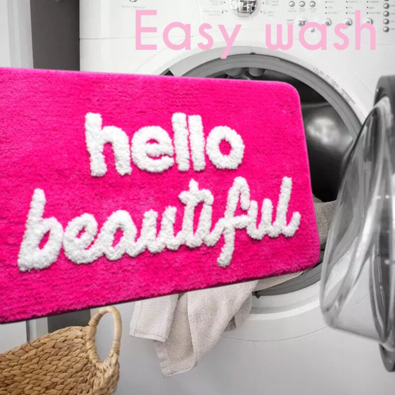 Hello Beautiful Bath Mat Hot Pink Peach Coral Magenta Cute Bathroom ...
