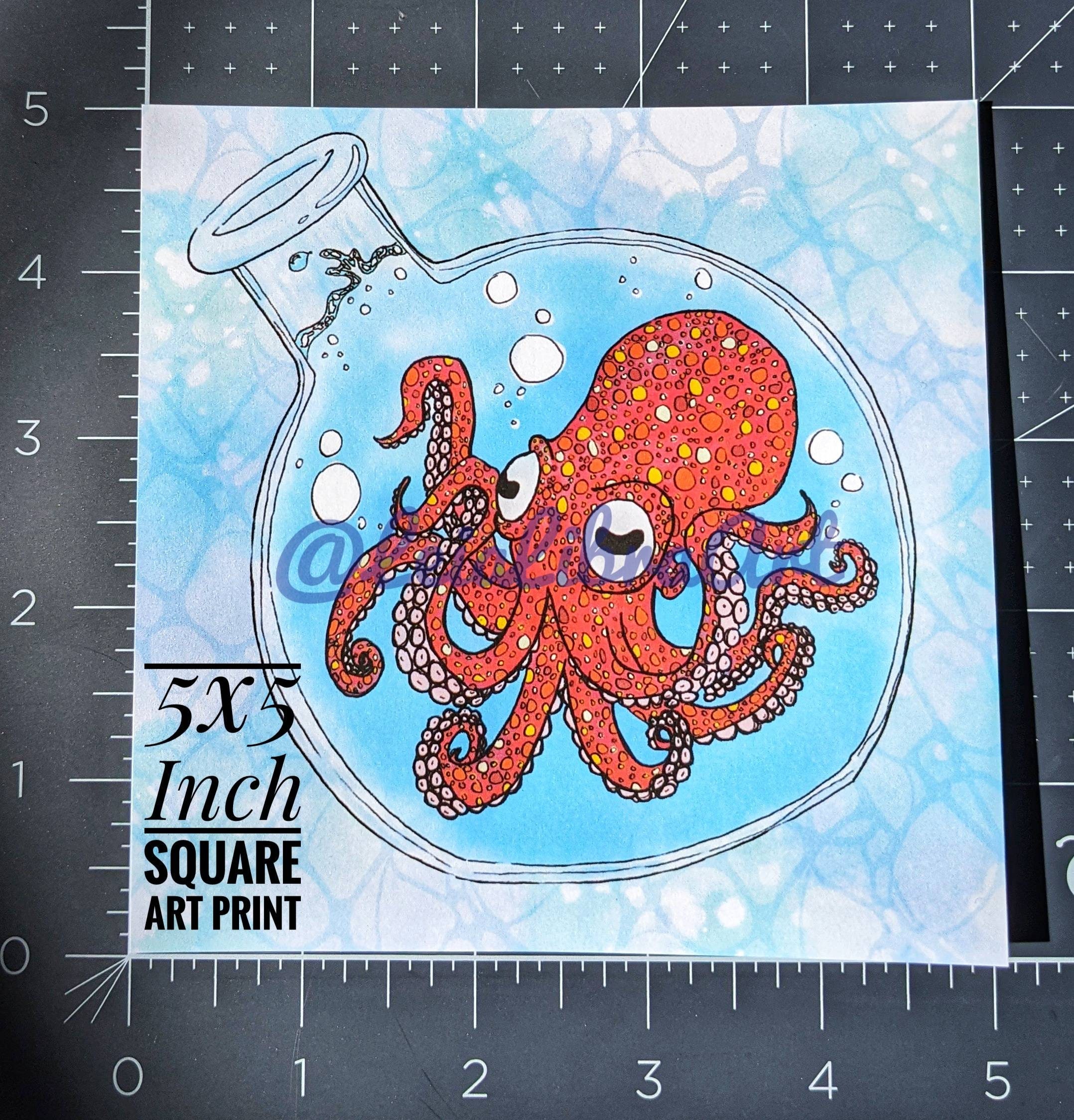 Octopus Bottle Illustration 5x5" & 8x8" Paper Square Art Prints by ...