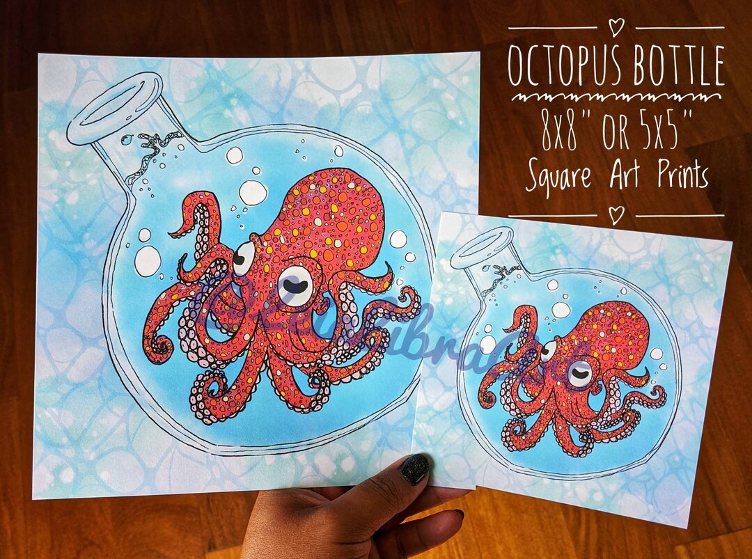 Octopus Bottle Illustration 5x5" & 8x8" Paper Square Art Prints by ...