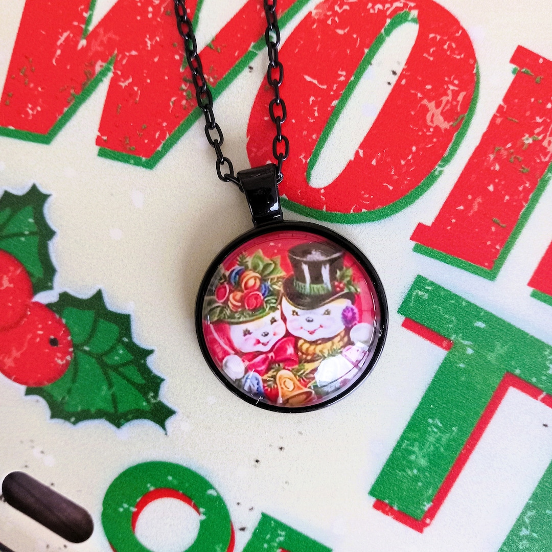 Snowman & Snowwoman Couple Pendant Necklace, Christmas Jewelry, Glass ...