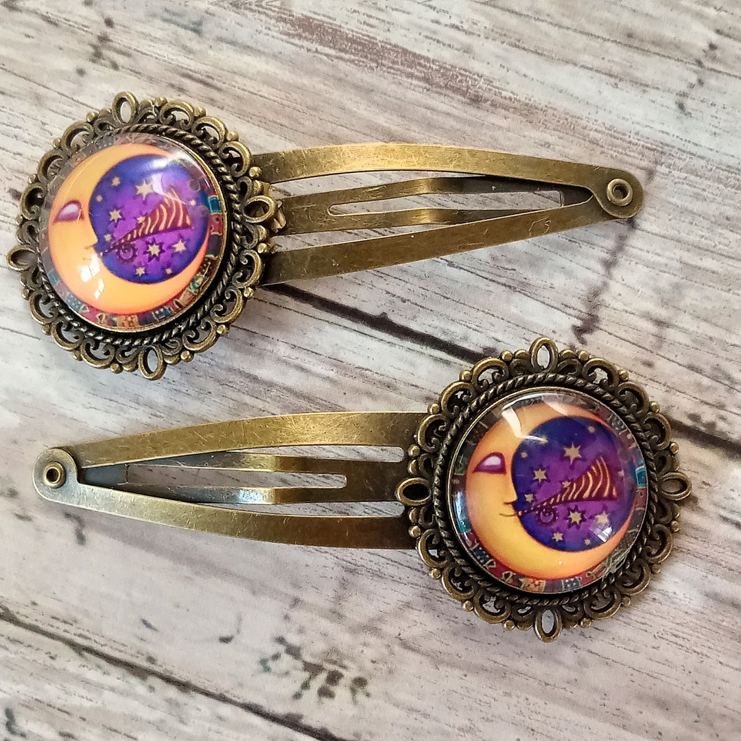 Gold and Purple Crescent Moon Hair Clips, Glass Cabochon Snap Clip ...