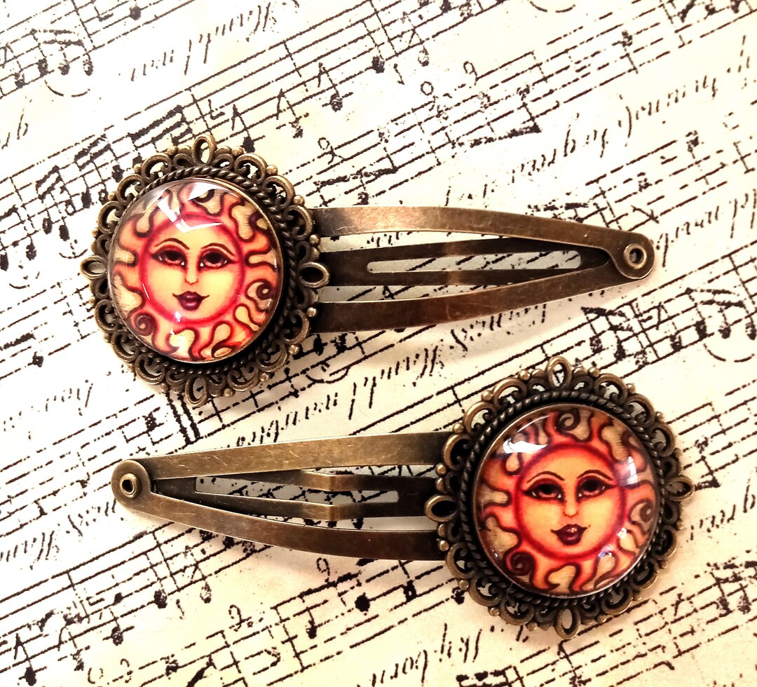 Sun Face Hair Clips, Glass Cabochon Snap Clip, Boho Hippy Hair ...