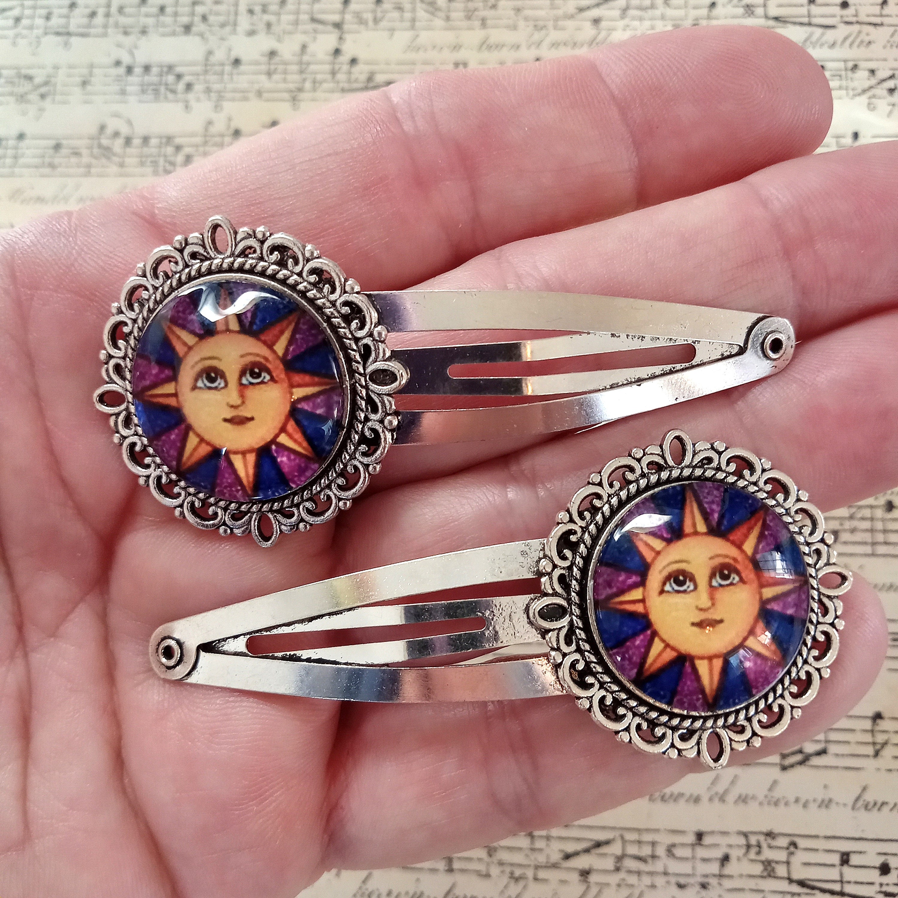 Colorful Sun Face Hair Clips, Glass Cabochon Snap Clip, Rustic Boho ...