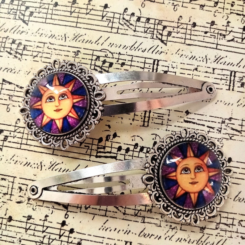 Colorful Sun Face Hair Clips, Glass Cabochon Snap Clip, Rustic Boho ...