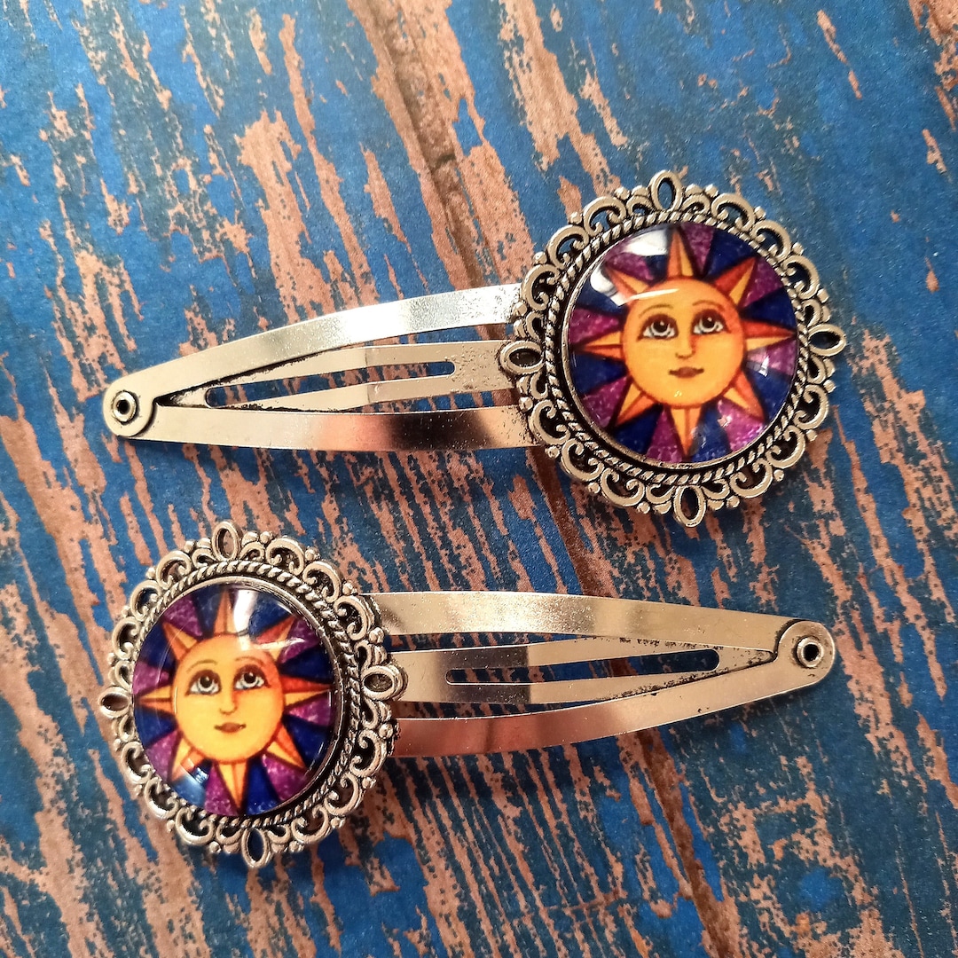 Colorful Sun Face Hair Clips, Glass Cabochon Snap Clip, Rustic Boho ...