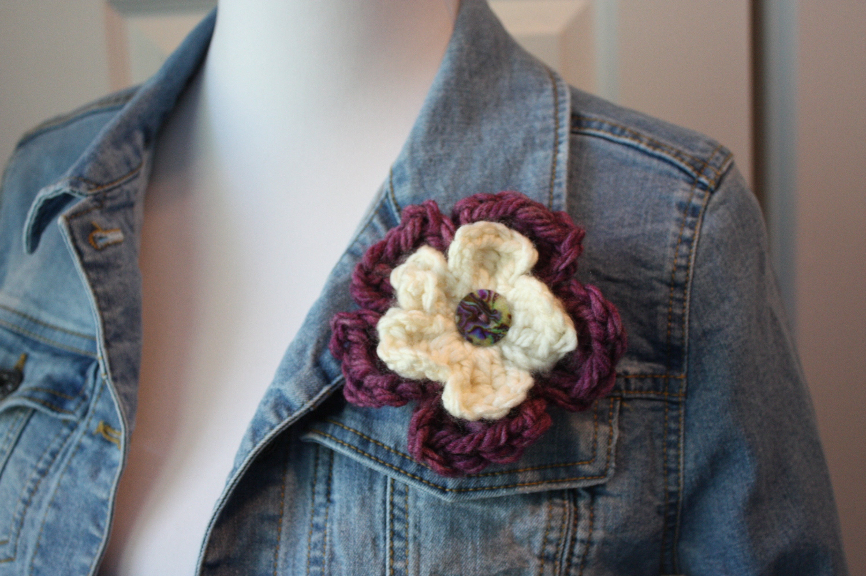 Crocheted Flower Brooch Chunky Crochet Flower With Button - Etsy