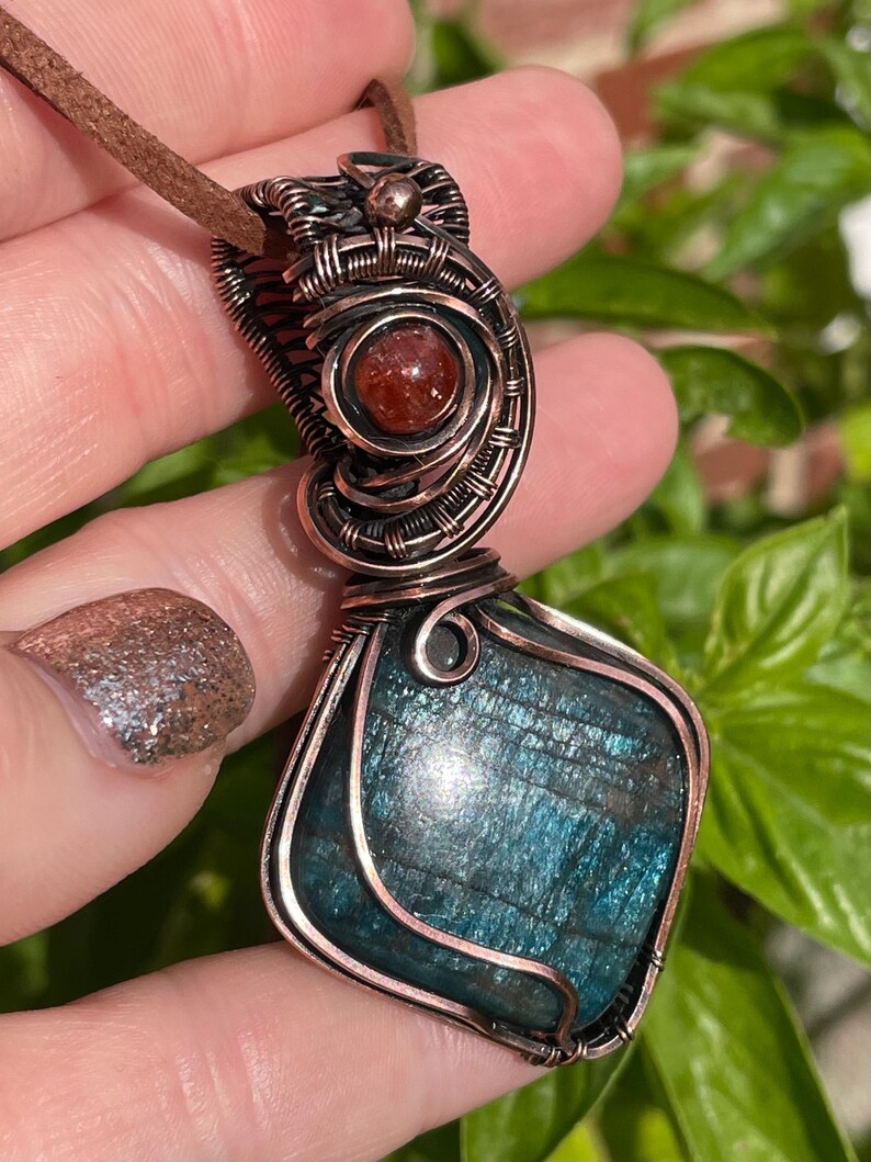 Unisex Blue Apatite With Sunstone Handcrafted Copper Pendant - Etsy