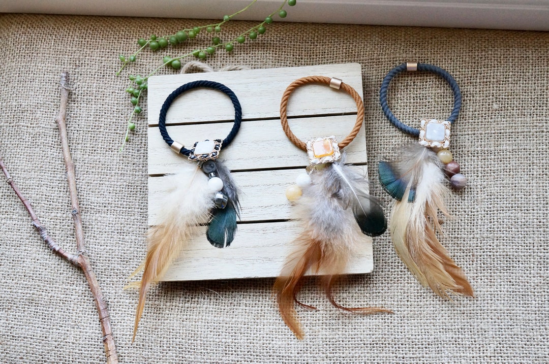 Long Feather Square Gold Metal Shank Buttons Tassel Hair Tie ...