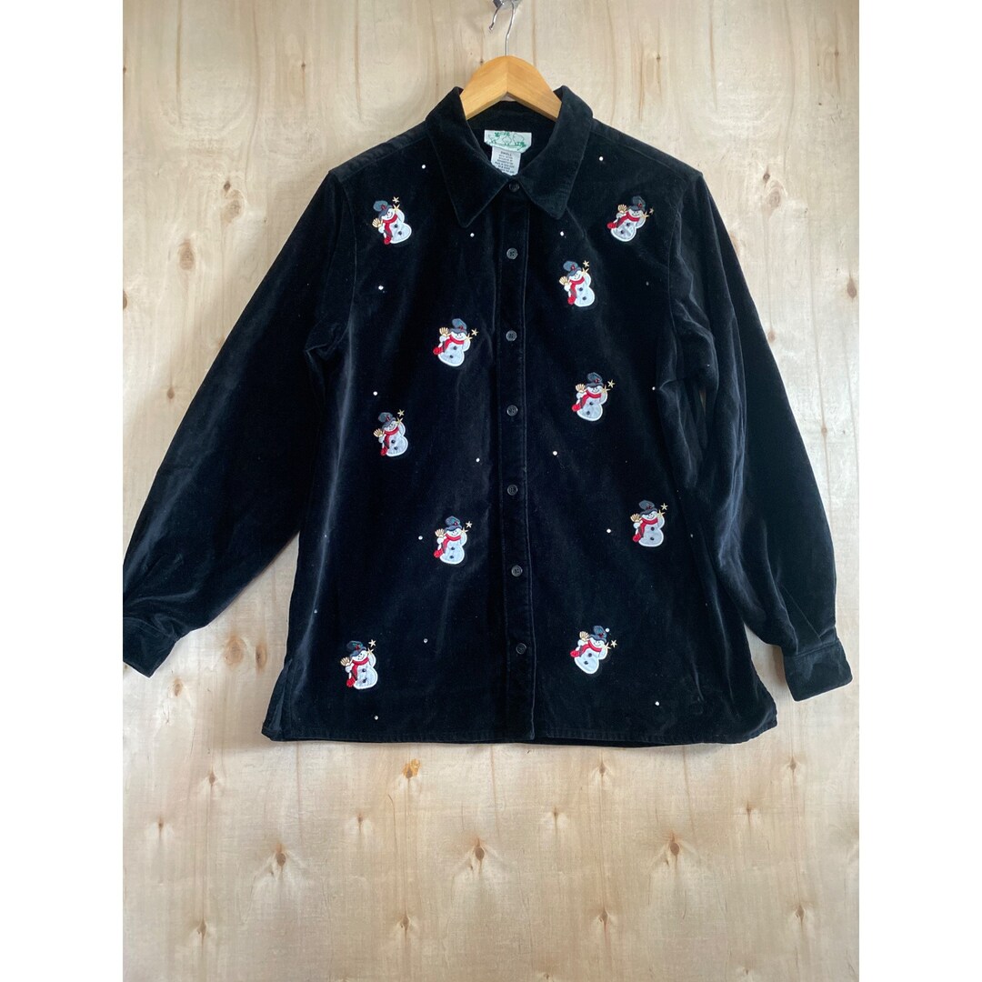 Quacker Factory Black Velvet Embroidered Snowman Christmas Button up ...