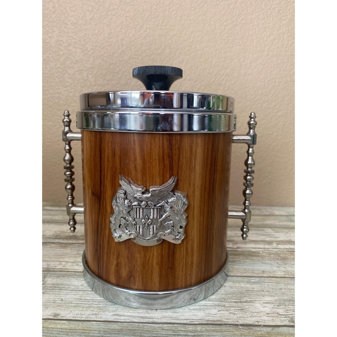 Vintage M Taka Japan Ice Bucket | Mid-century Faux Teak Chrome Barware ...