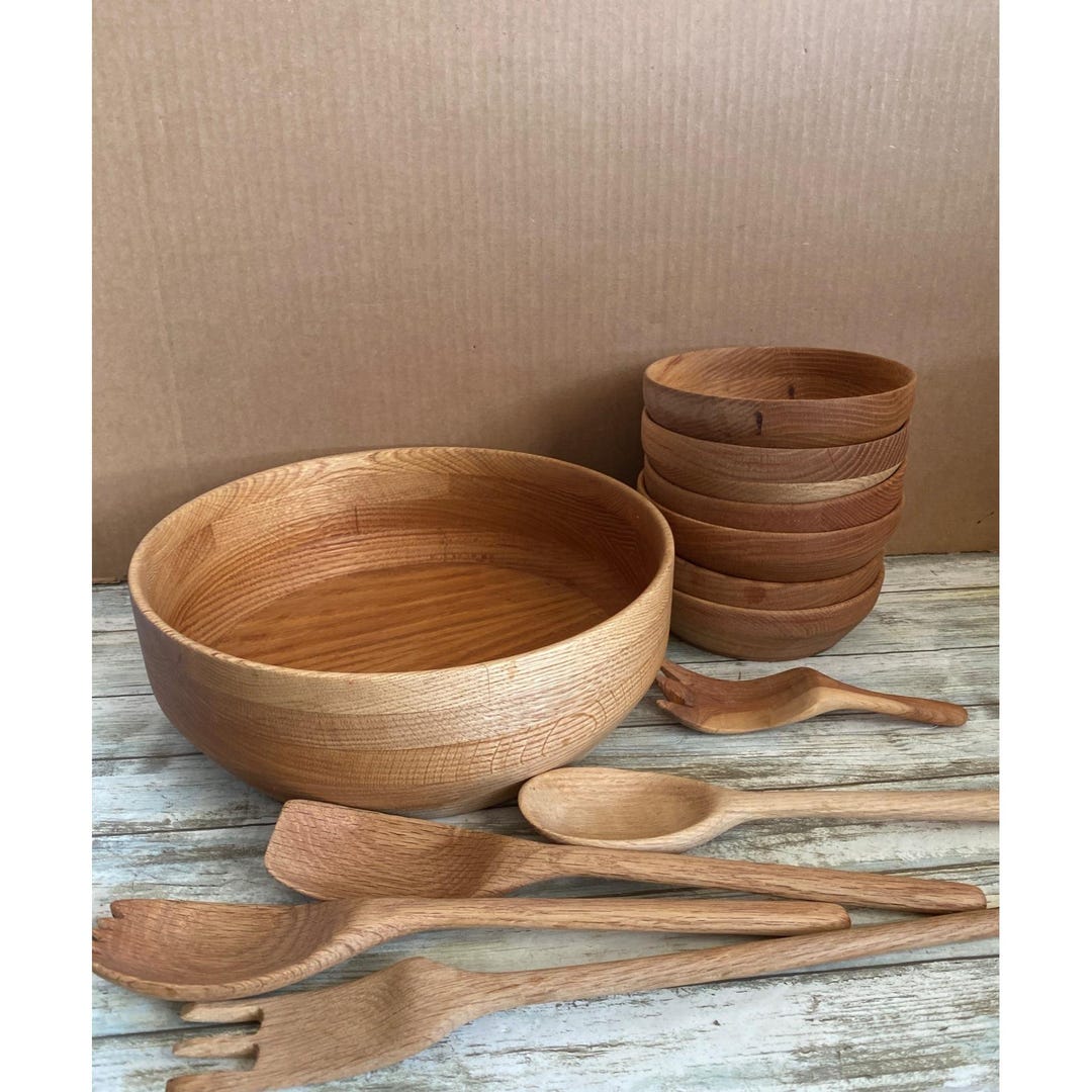 12-piece Vintage Handmade Teak Wood Salad Bowl Set With Serving ...