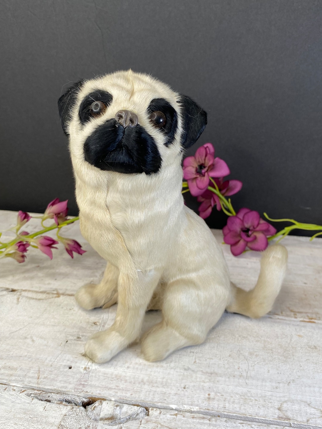 Vintage Pug Dog Figurine, Fur Covered Pug Statue, Real Fur Hair Pug ...