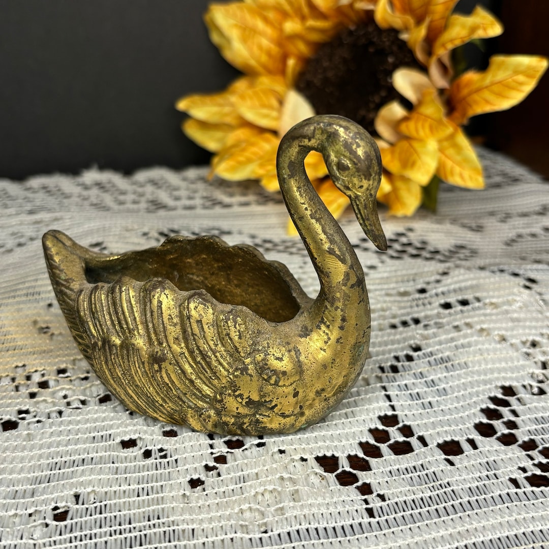 Vintage Solid Brass Swan Trinket Dish | Jewelry Dish | 3” Swan Planter ...