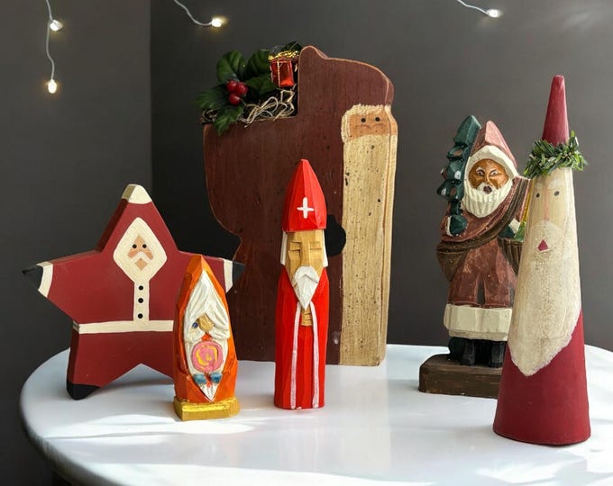 Vintage Hand Carved and Painted Santas, Wooden Santa Christmas Display ...