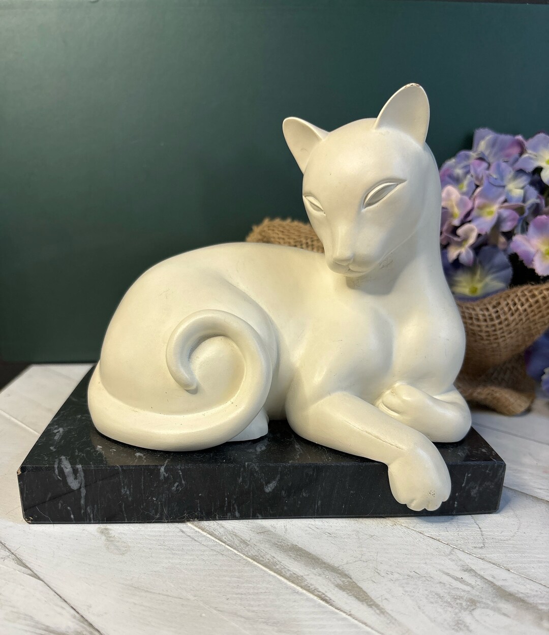 Elegant White Siamese Cat Figurine or Bookend on Black Veined Marble ...