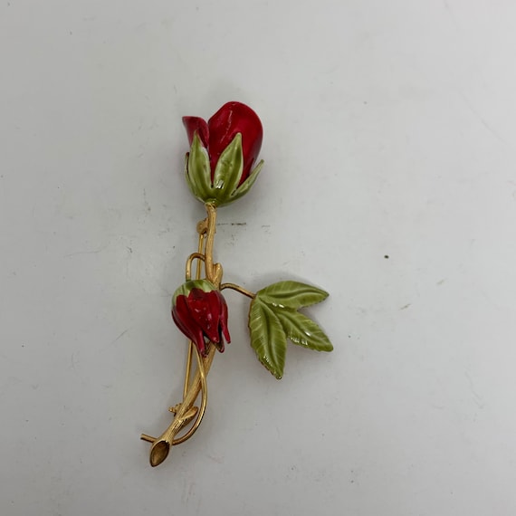 Red Rose Brooch, Pin, Enamel and Gold Tone, Vintage - Gem