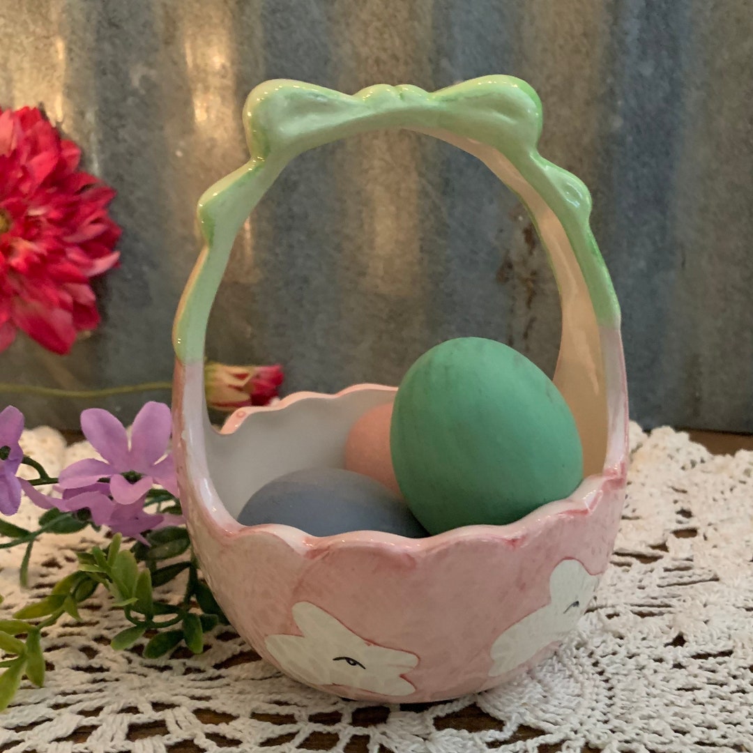 Vintage Ceramic EASTER BASKET Egg Shaped, Easter Candy Dish Centerpiece ...