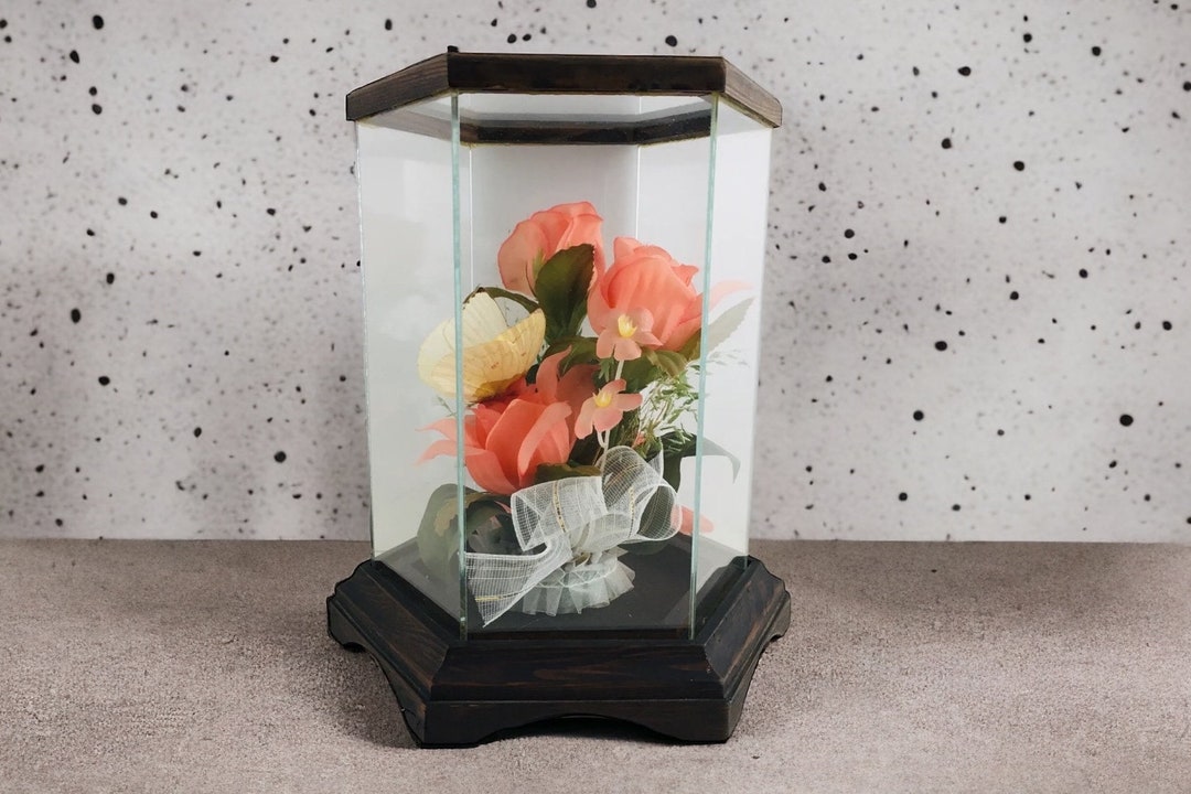 Terrarium Planter With Pink Rose Flower Arrangement, Vintage Artificial ...