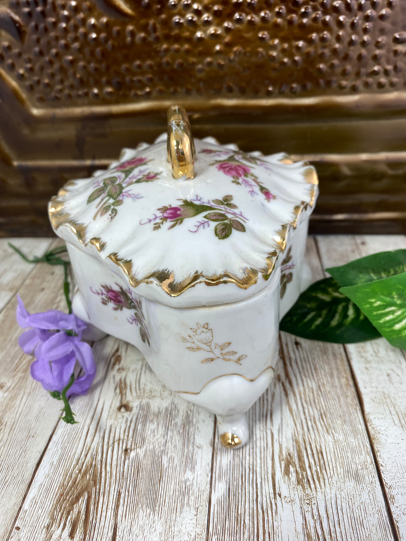 Vintage Porcelain Wild Rose Trinket Box English Rose and Gold - Etsy
