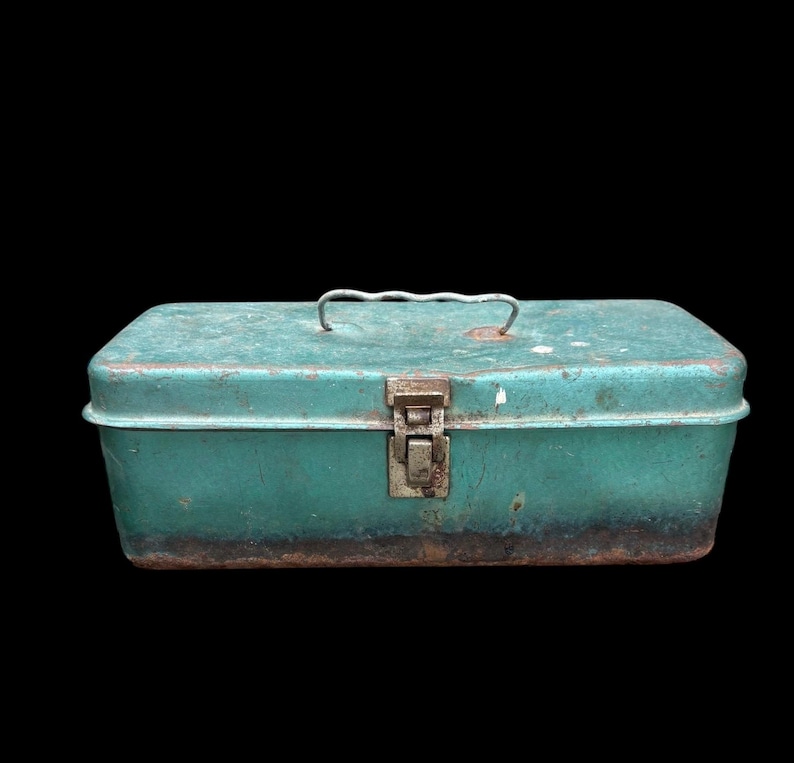 Vintage Teal Metal Toolbox | Rustic Industrial Lunchbox | Mid Century ...