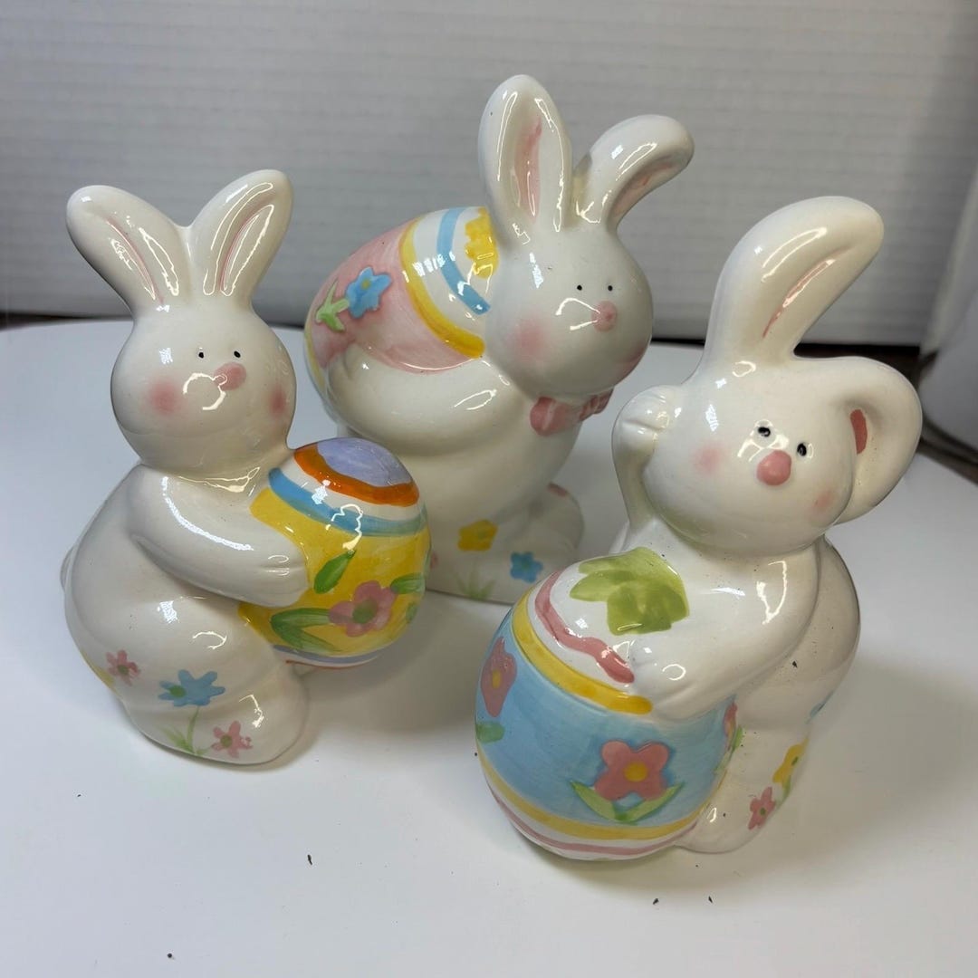 Vintage Easter Bunny Figurines – Set of 3 Ceramic Bunnies With Easter ...