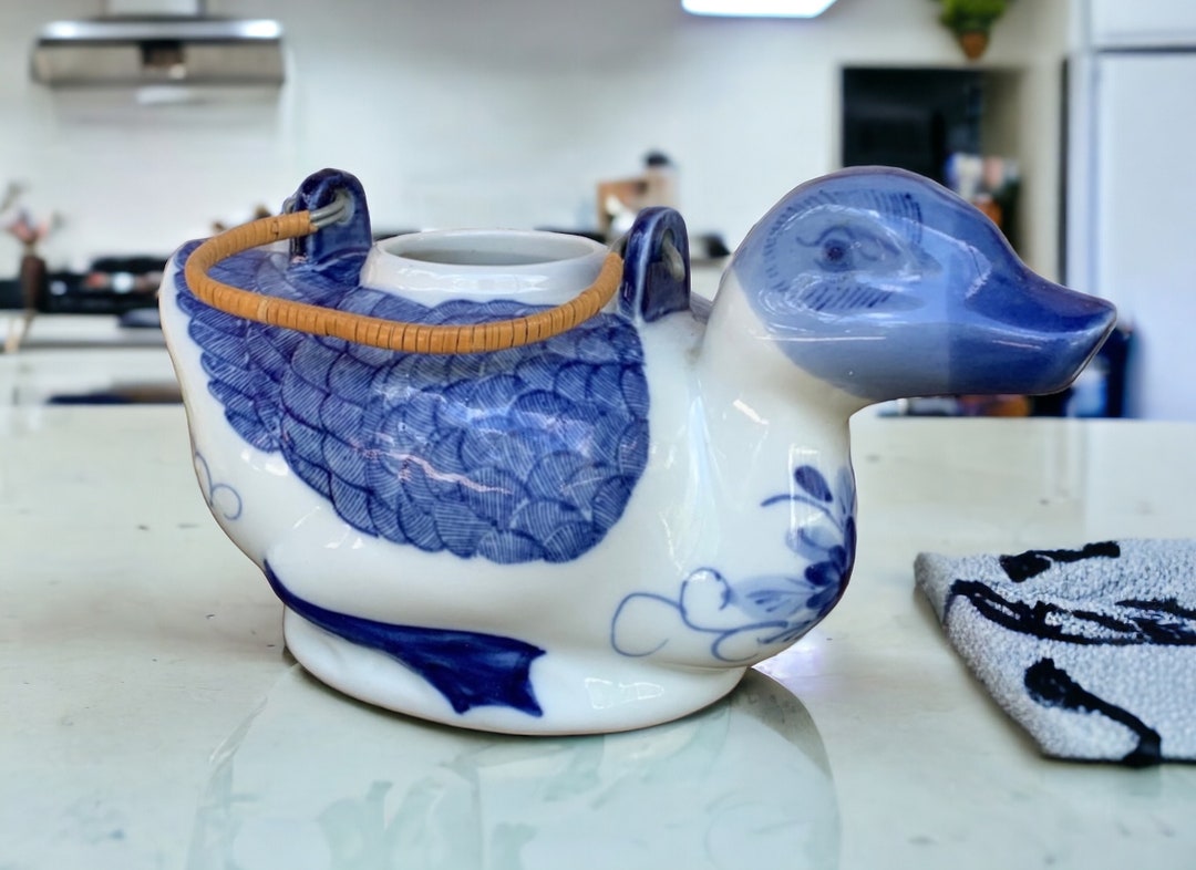Duck Shaped Teapot With Rattan Handle Chinese Blue and White Porcelain ...