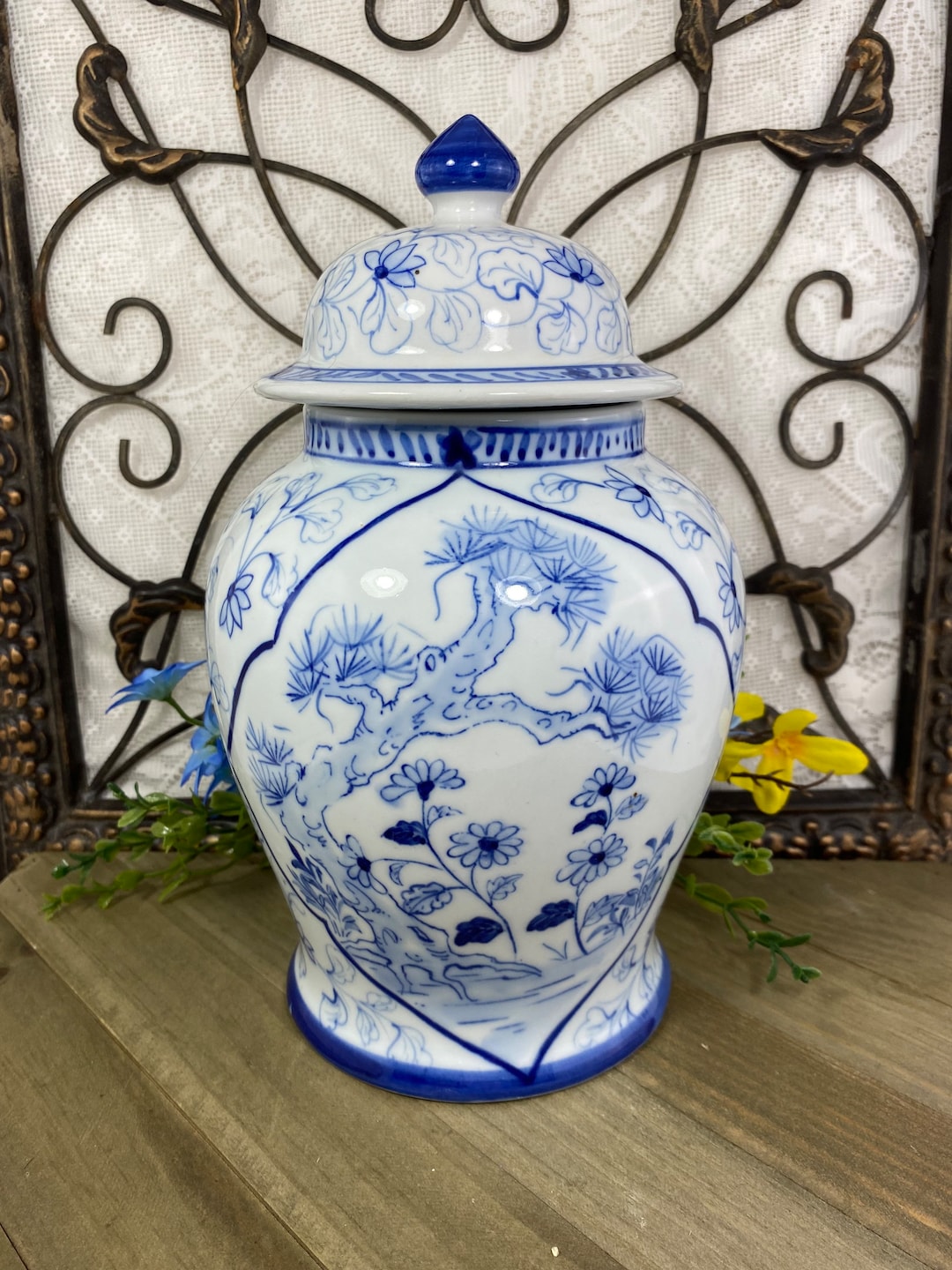 Vintage Blue Ginger Jar With Flowers and Bonsai Tree Art, Chinoiserie ...