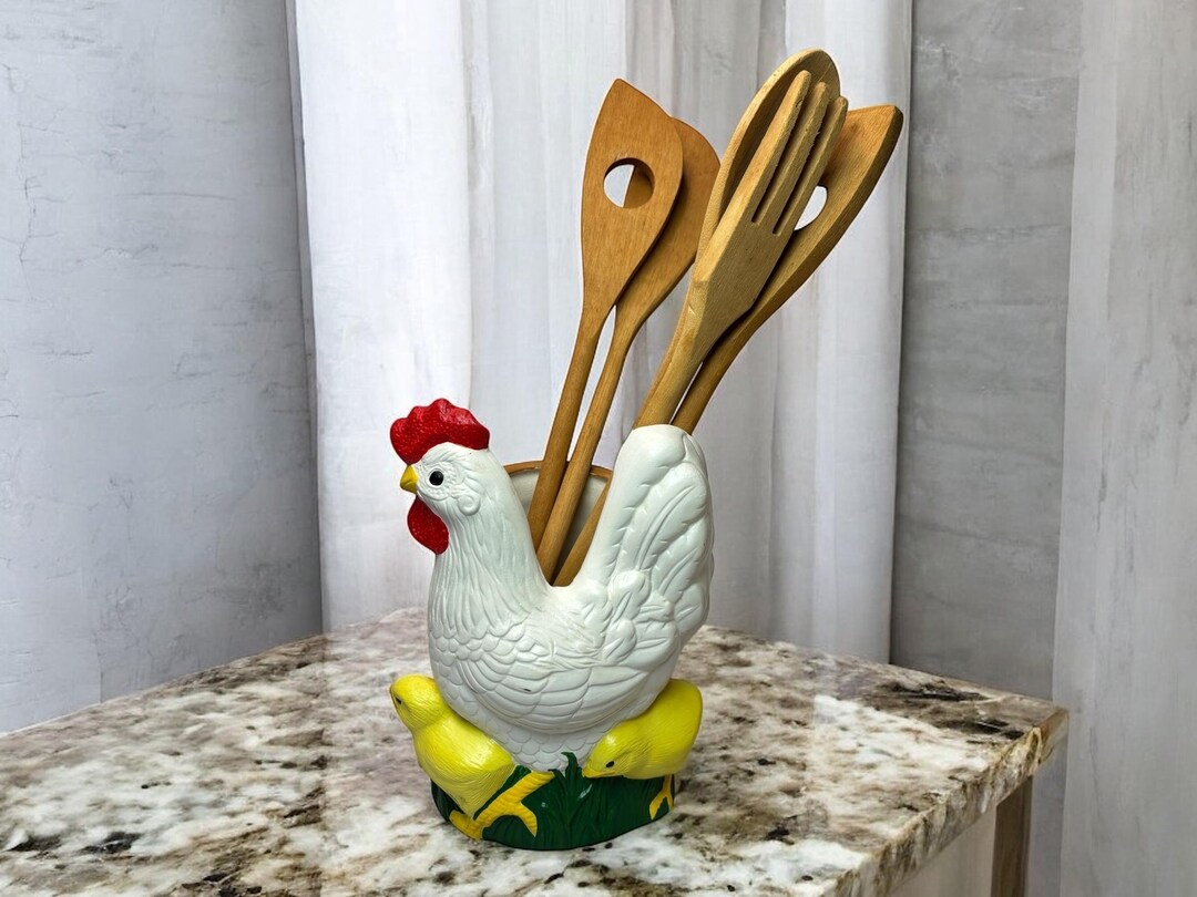 Vintage Rooster & Chicks Utensil Holder - Farmhouse Kitchen Decor ...