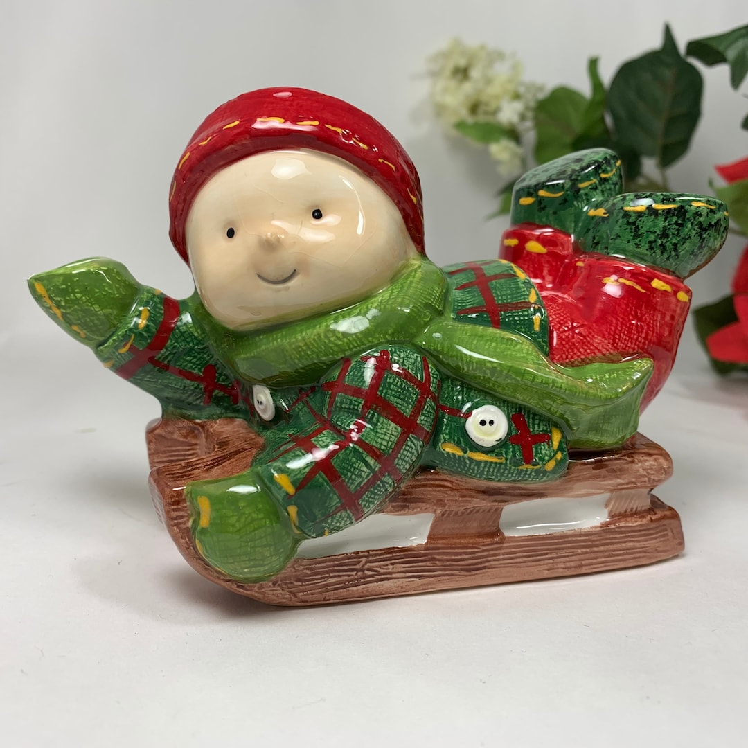 Holiday Ceramic Creamer, Boy on Sled Winter Themed Creamer, Christmas ...