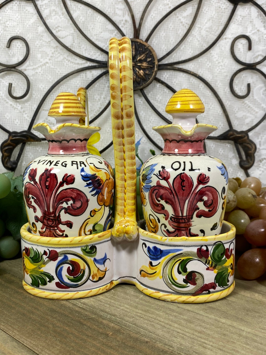 Vintage Italian Vinegar and Oil Cruet Set Hand Painted Fleur De Lis ...