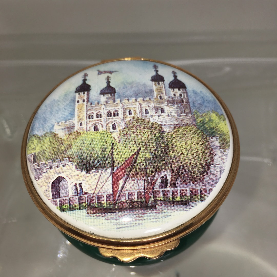 Kingsley Enamel Trinket Box With Castle and River Scene, Vintage - Etsy