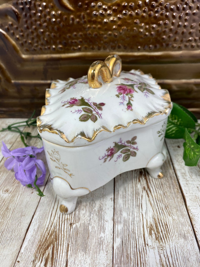 Vintage Porcelain Wild Rose Trinket Box English Rose and Gold - Etsy