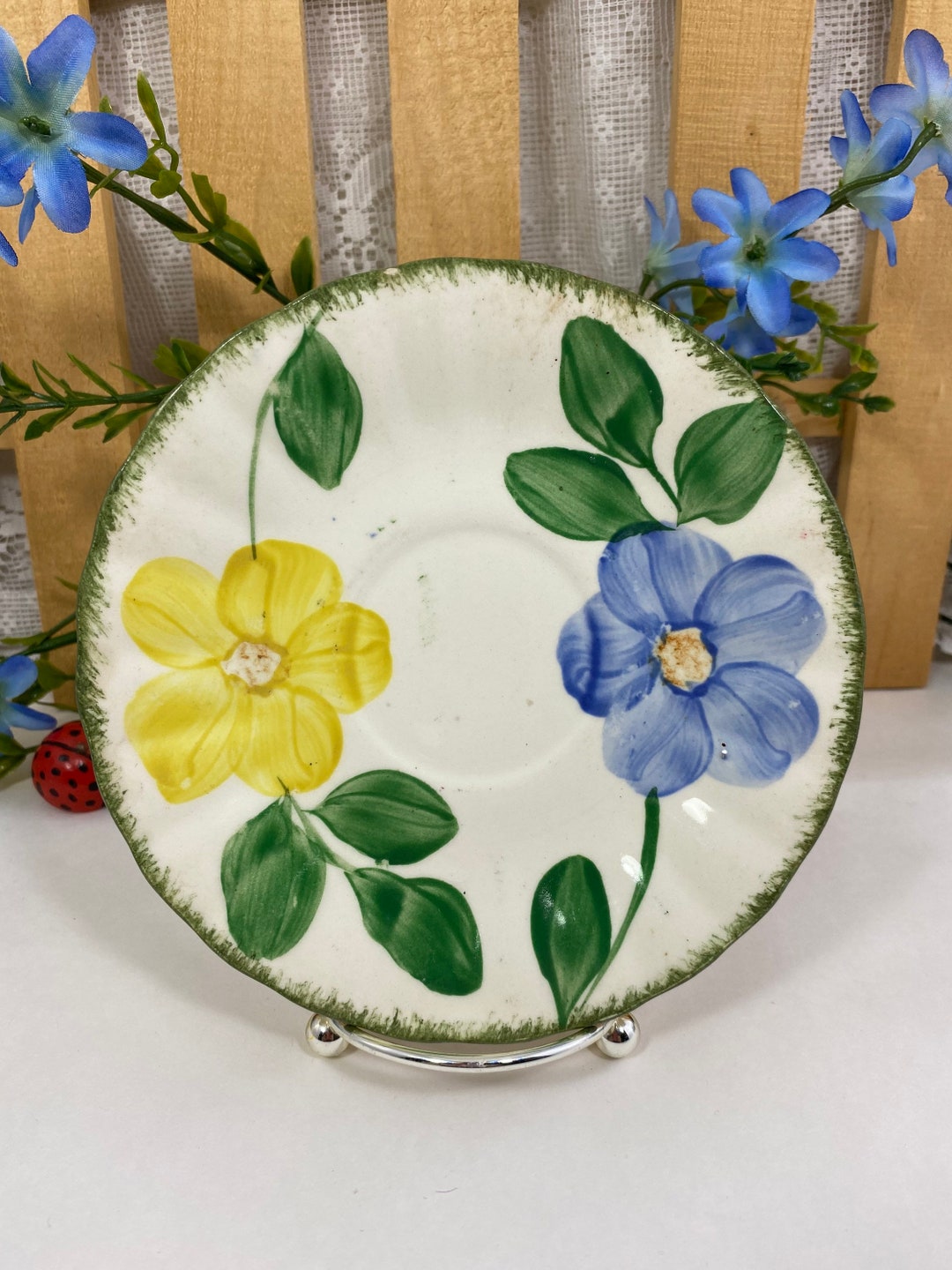 Vintage Blue and Yellow Flowers Saucer, Small Flower Plate - Etsy